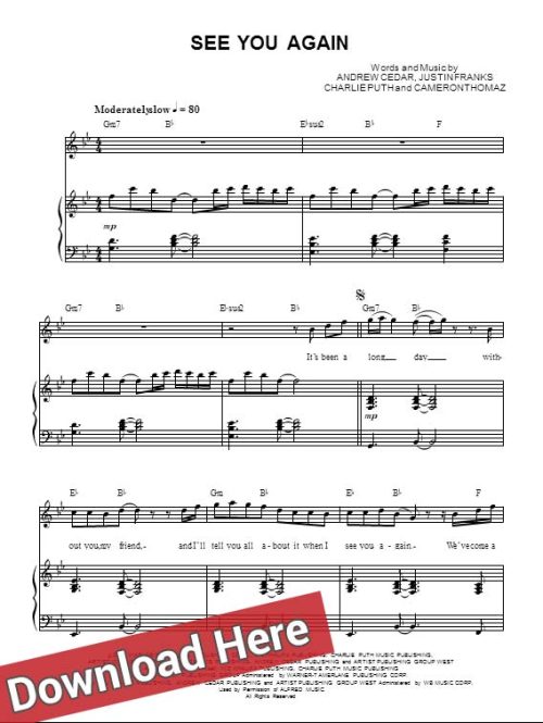 Wiz Khalifa ft. Charlie Puth - See You Again - Sheets - Score - Piano ...